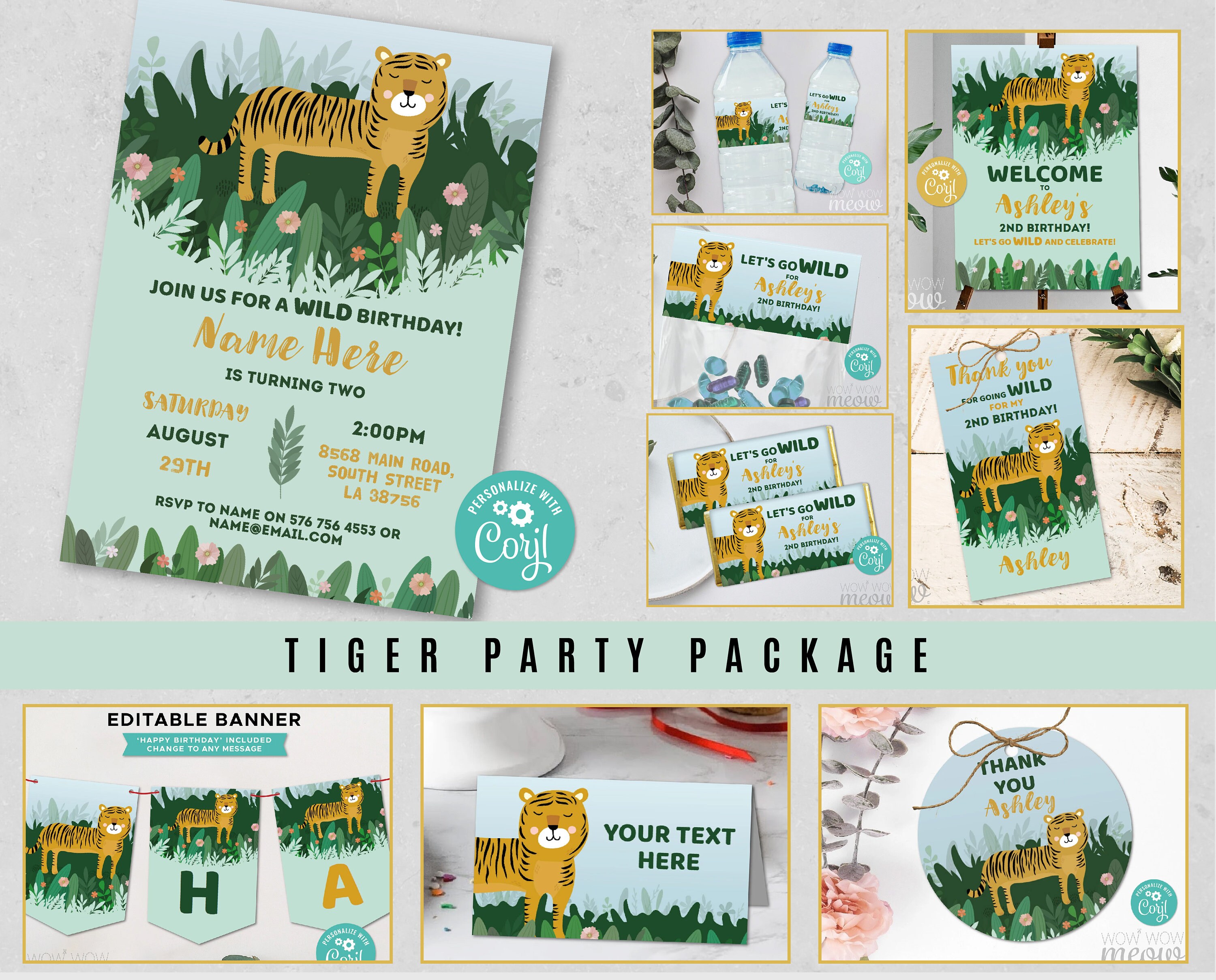 Tiger Party Birthday Bundle Safari EDITABLE Invitation Animals Wild ...
