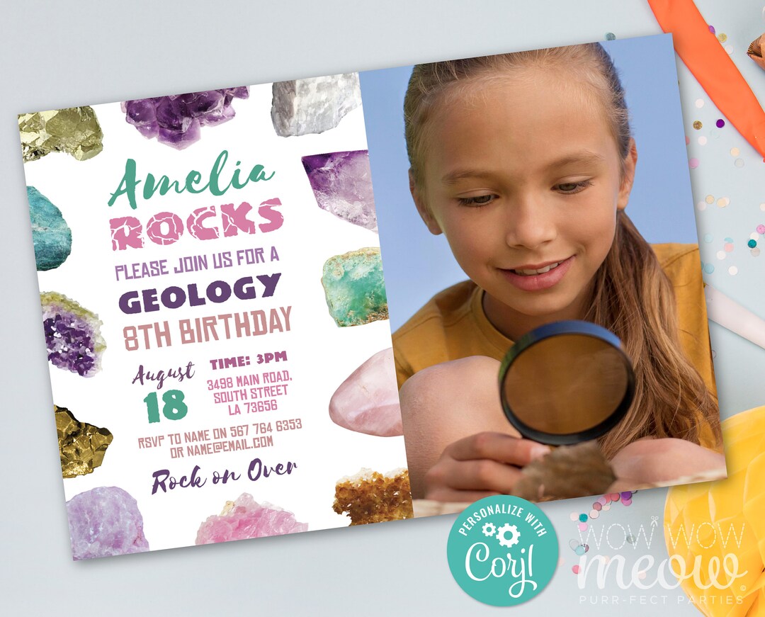 Geology Invitations Pink Rocks Birthday Invites Girls Party INSTANT ...