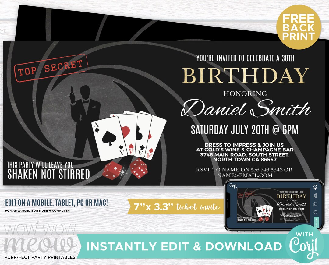 Surprise Secret Agent Invitations Spy Bond Invites INSTANT DOWNLOAD 007 ...
