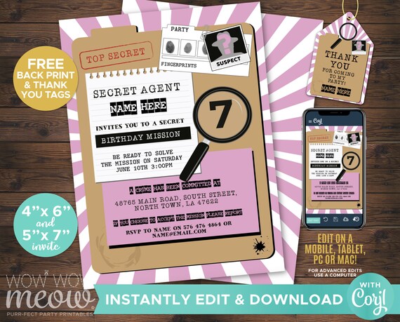 Secret Agent Invitations Birthday Invite Spy INSTANT DOWNLOAD | Etsy UK