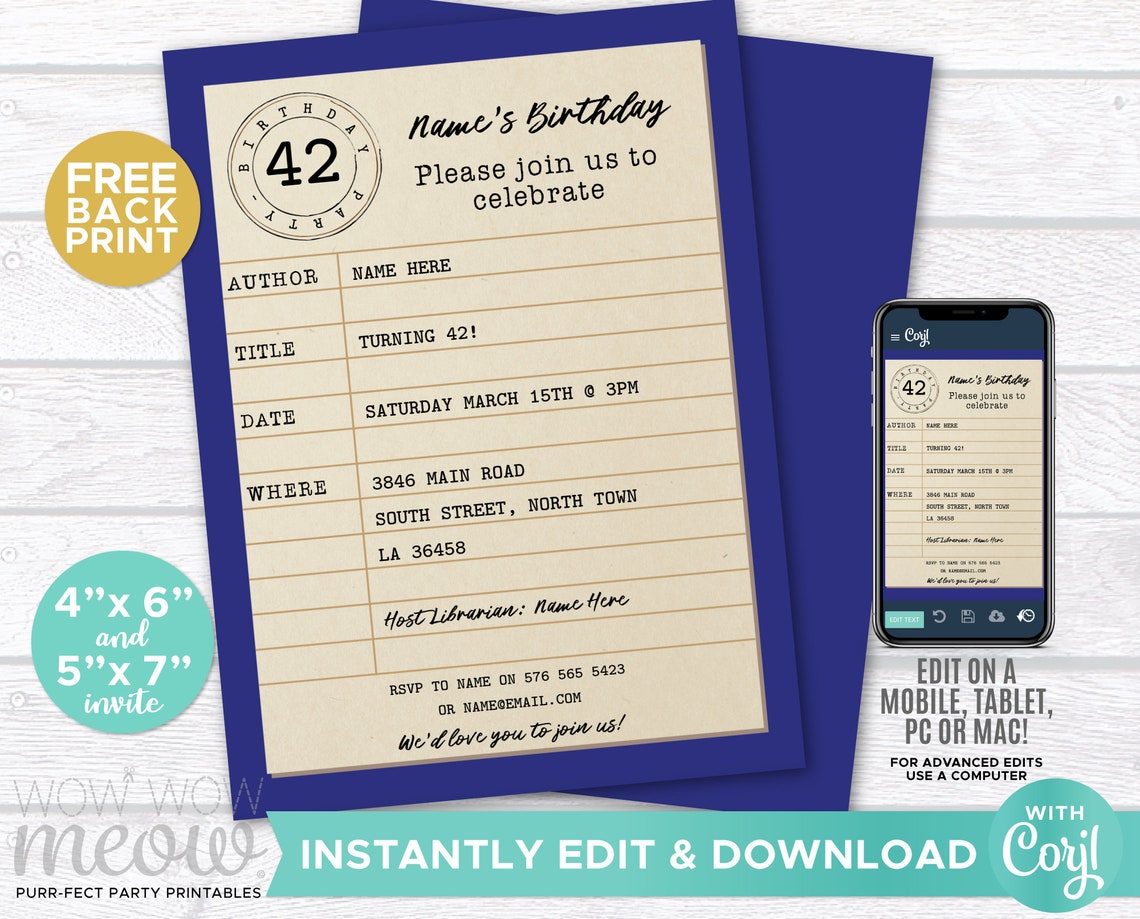 Library Card Birthday Invitation INSTANT DOWNLOAD Digital - Etsy