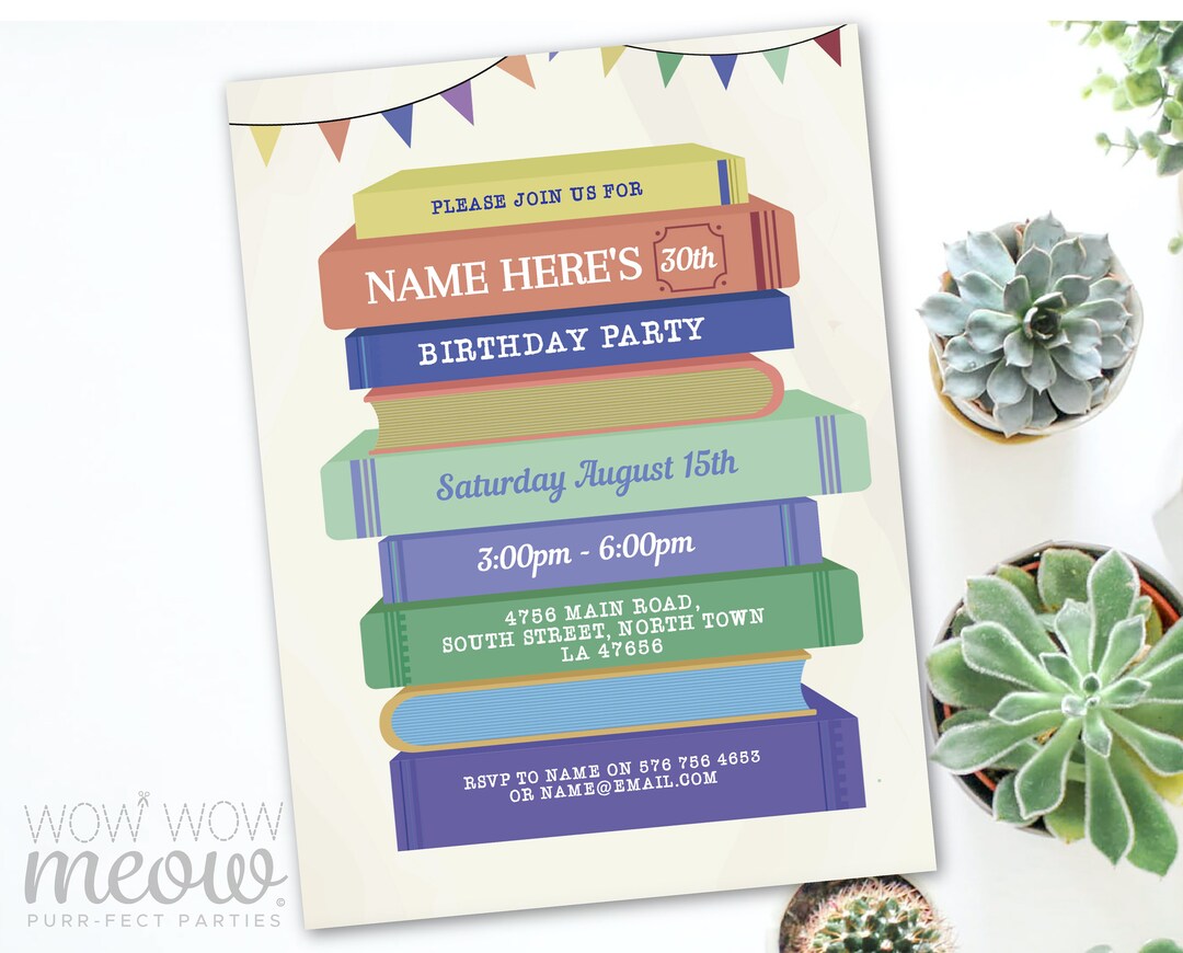 Books Birthday Party Invitation Library Reading Books Invite Mens ...