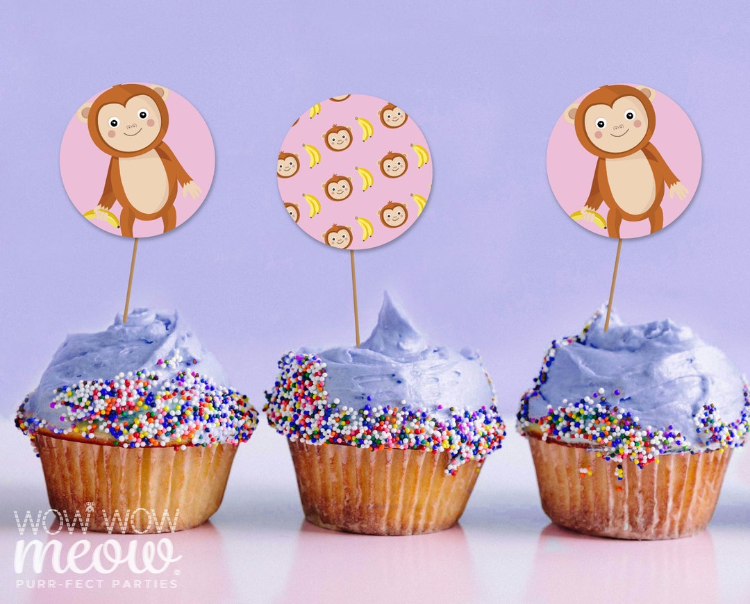 Monkey Birthday Cupcake Toppers Birthday Pink Girls Go Bananas Jungle ...