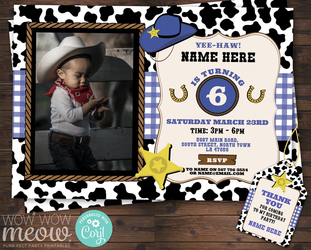 COWBOY Birthday Invites Photo INSTANT DOWNLOAD Boy Check Blue ...