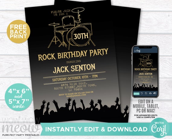 Rock Birthday Invitations N Roll Gold Party Invite Drum Kit | Etsy