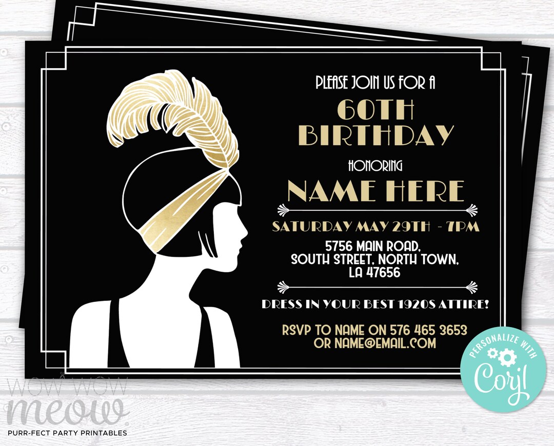 Gold 1920's Invitation Gold Birthday Invite Art Deco Any Age Gatsby ...