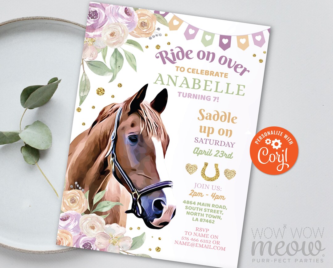 Horse Invitation Birthday Invite Riding Pony Purple Ride on Over Saddle ...
