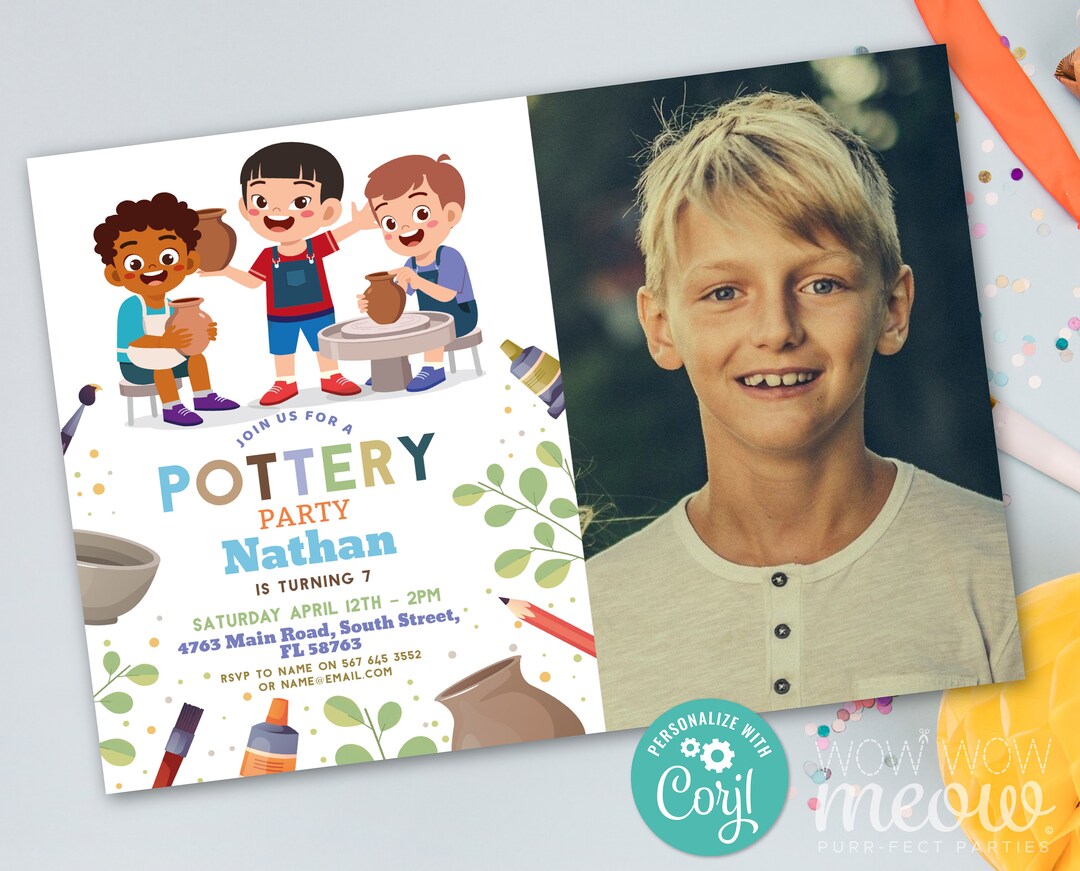 Pottery Invitation Birthday Boys Photo Clay Crafts Invite Painting ...