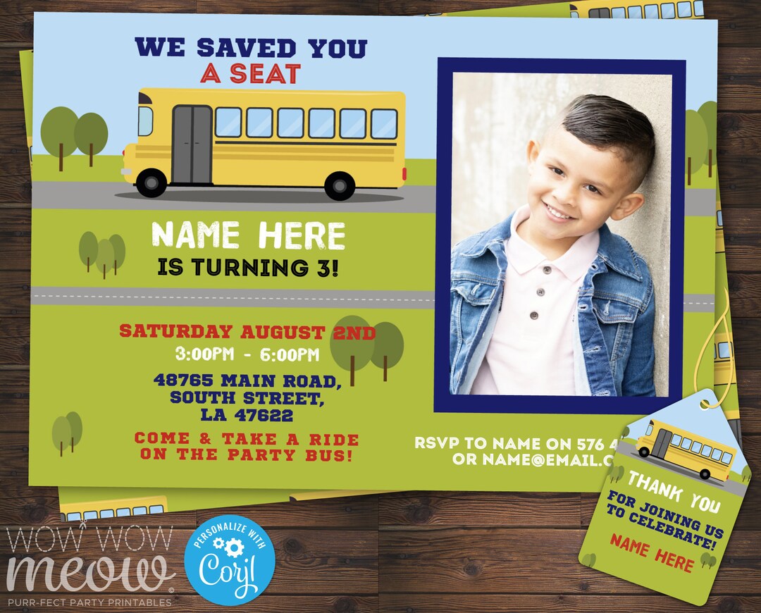 School Bus Invitation Photo Birthday Buses Transport Vehicle Party ...