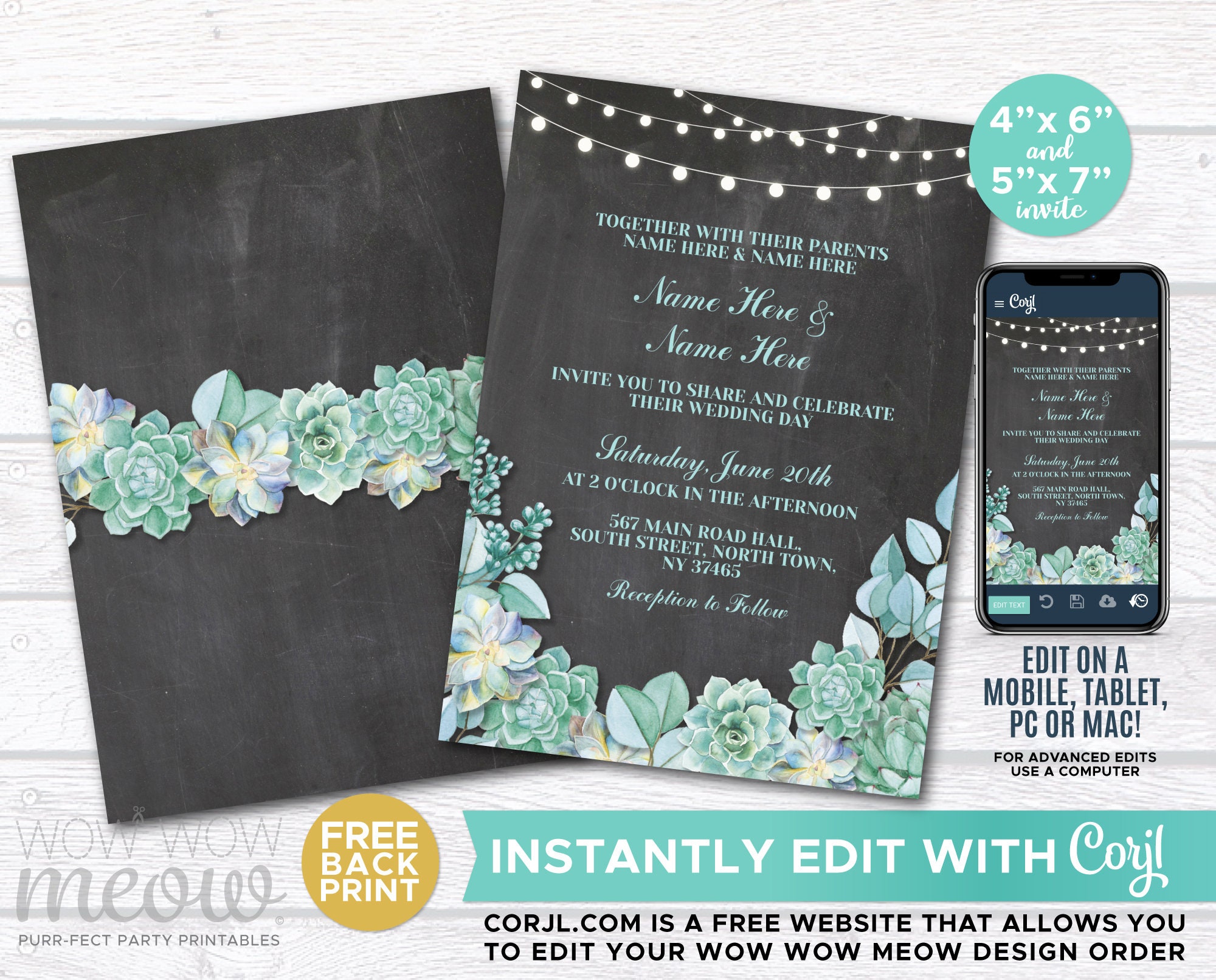 Succulents Wedding Invitations Set Template INSTANT DOWNLOAD | Etsy