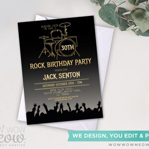 Rock Birthday Invitations N Roll Gold Party Invite Drum Kit INSTANT ...