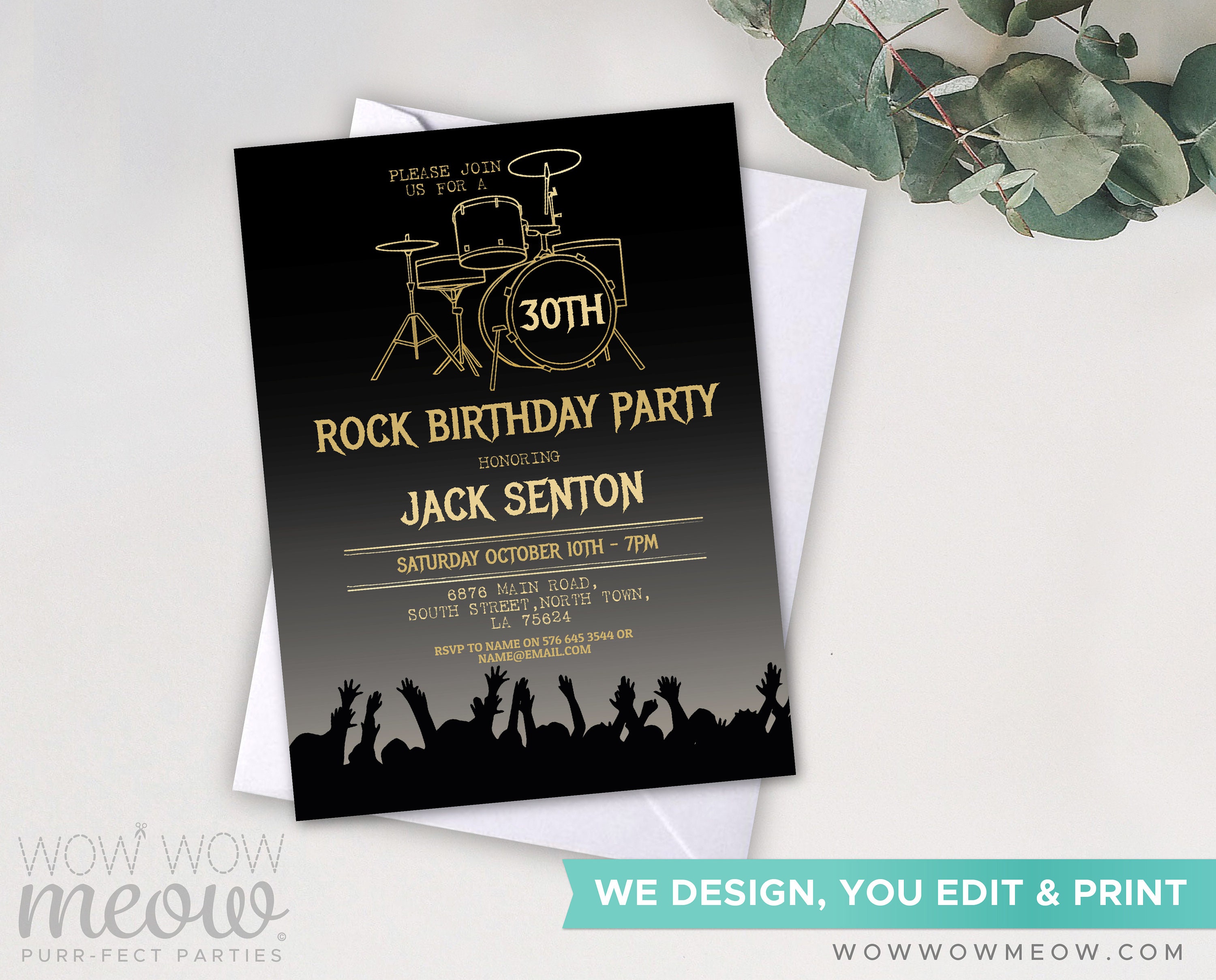 Rock Birthday Invitations N Roll Gold Party Invite Drum Kit - Etsy UK