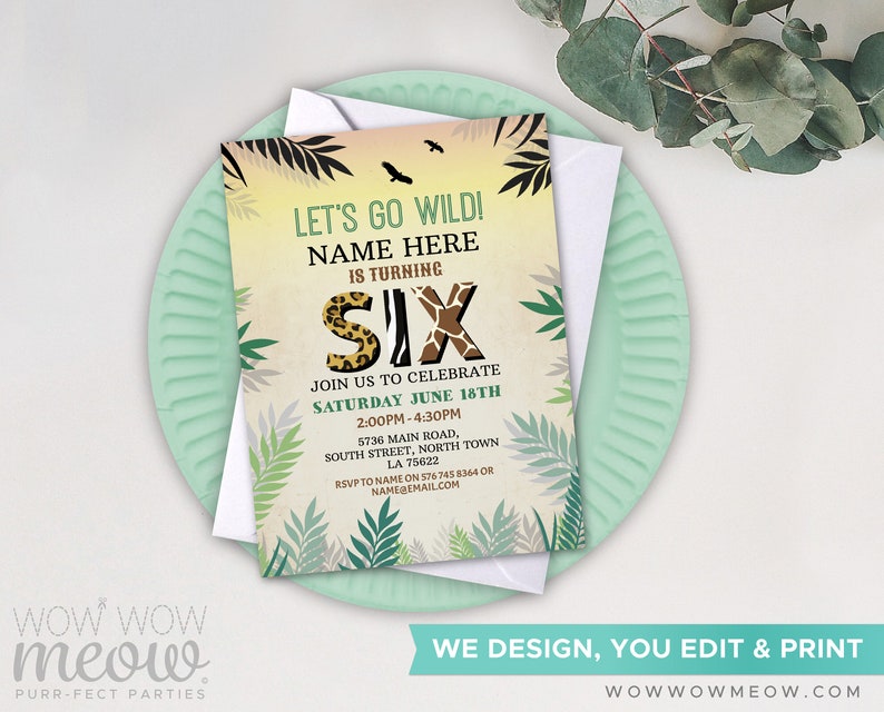 Six Jungle Invitation 6th Birthday Invite Safari Wild INSTANT - Etsy