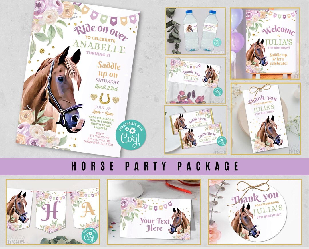Horse Birthday Bundle EDITABLE Flower Pony Riding Invitations Included ...
