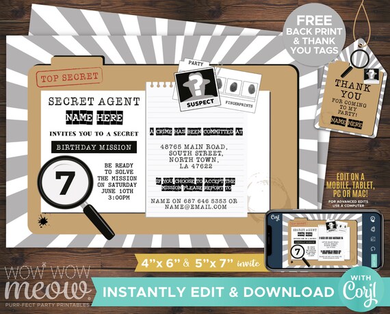 Secret Agent Party Invitations Spy Party Printables, Invitations