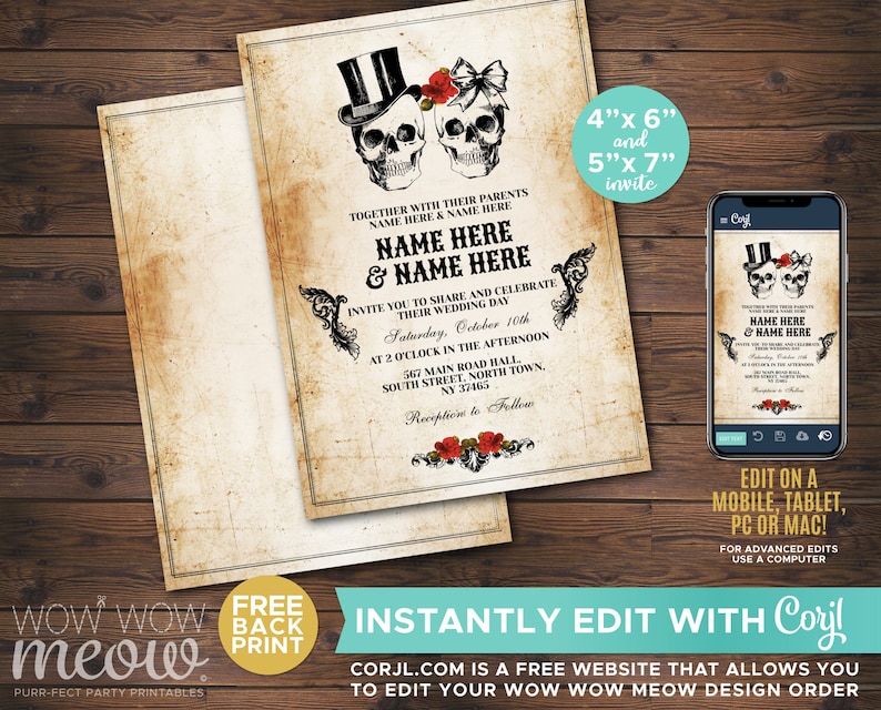 Skull Wedding Invitation Set Template Rustic Package Printable Invites ...