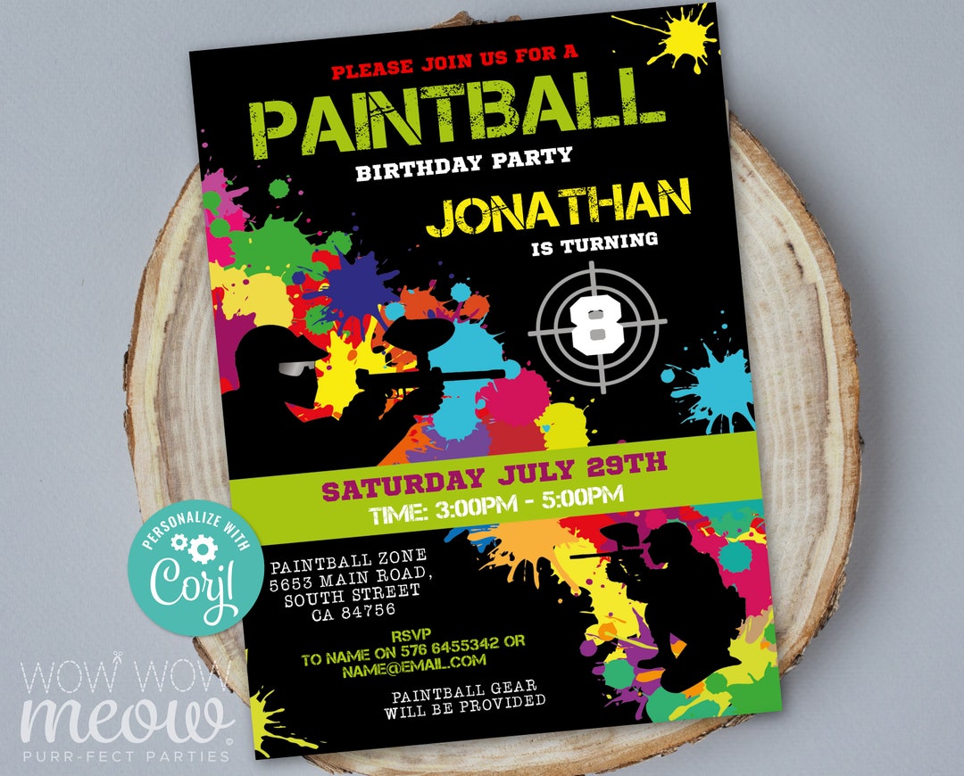Paintball Invitations Birthday Party Invites Paint Ball Girls Boys Any ...