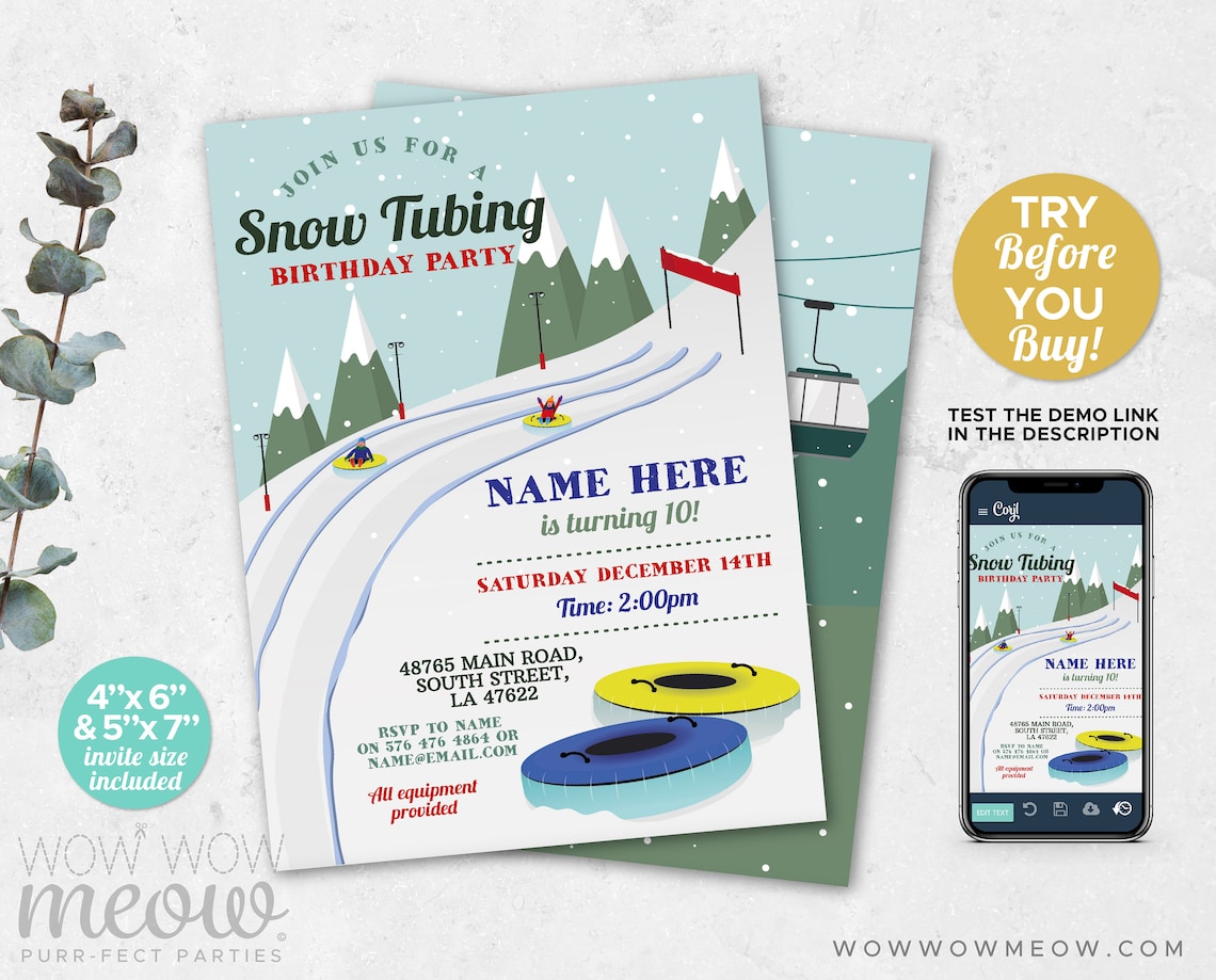 Snow Tubing Invitation Birthday Party INSTANT DOWNLOAD Tube Invite Dry ...