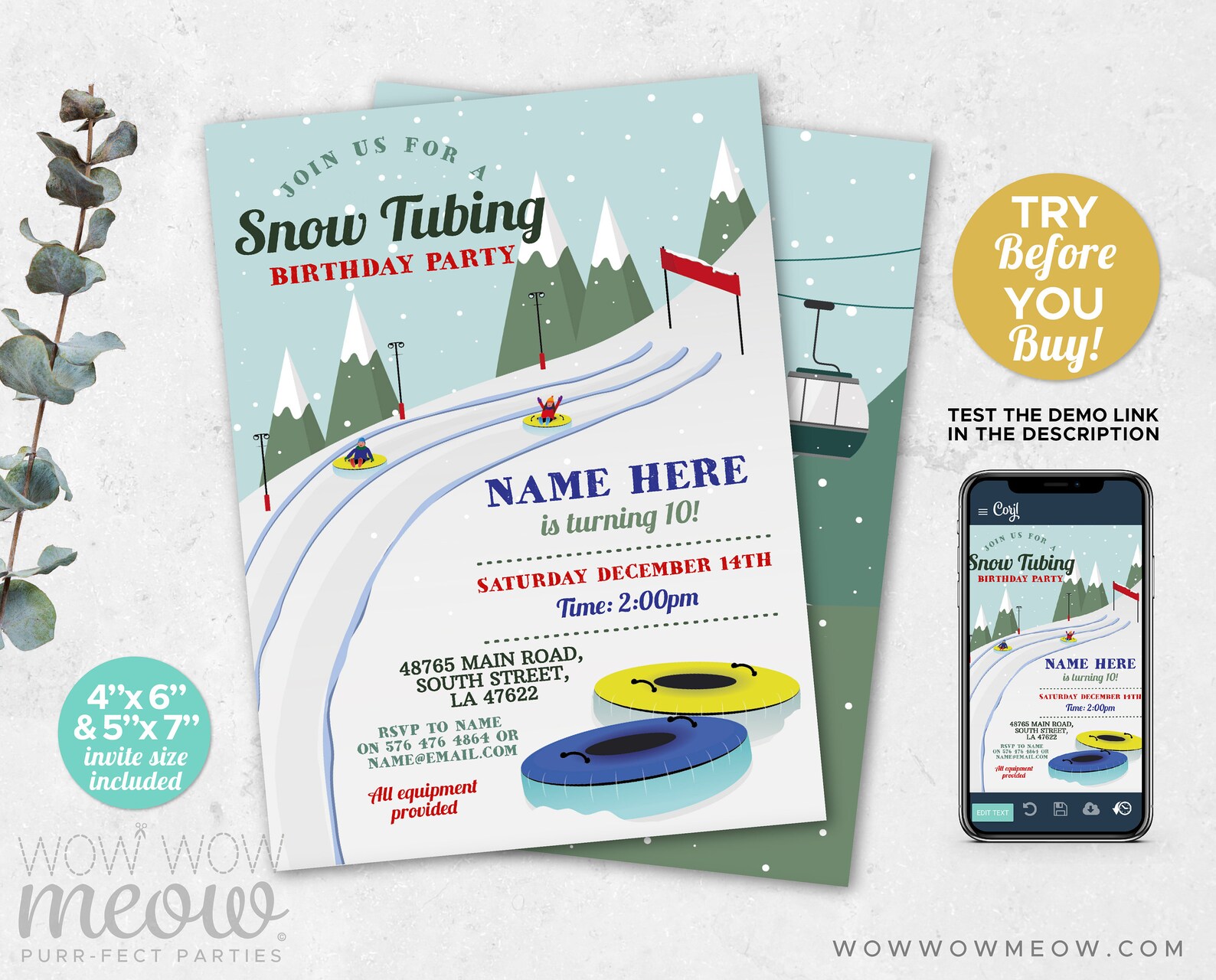 Snow Tubing Invitation Birthday Party INSTANT DOWNLOAD Tube Invite Dry ...