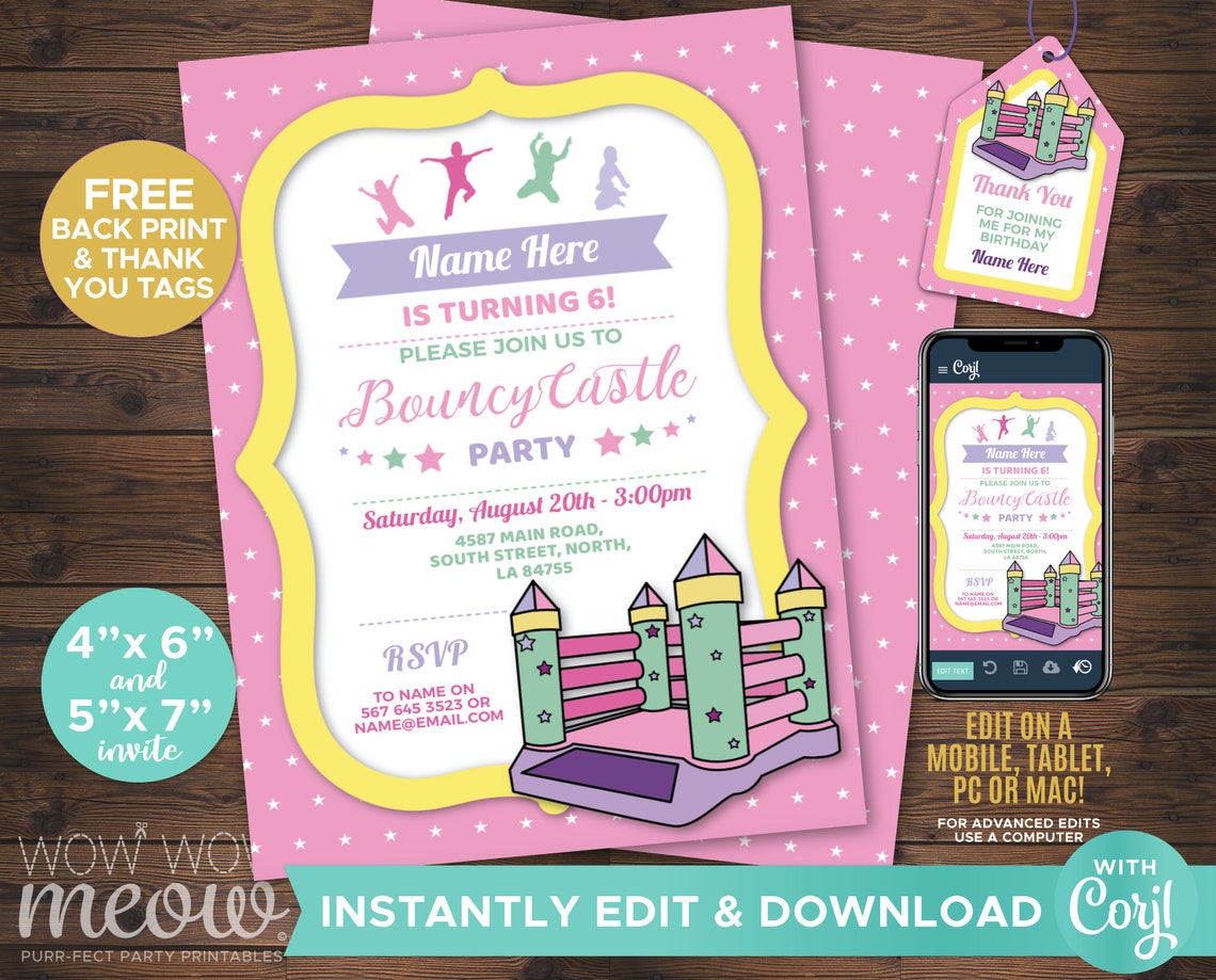 Bouncy Castle Party Invitation Pink Girl's Jump Bounce | Etsy