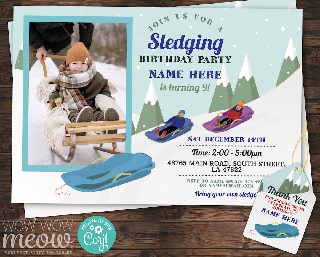 Sledging Invitation Birthday Boys Photo Party Sledge Winter Snow ...