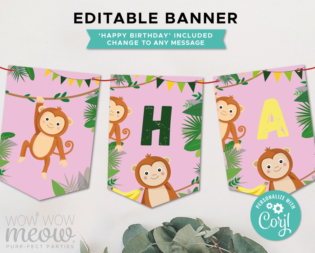 Monkey Birthday Party Banner Pink Go Bananas Editable Download Boys ...