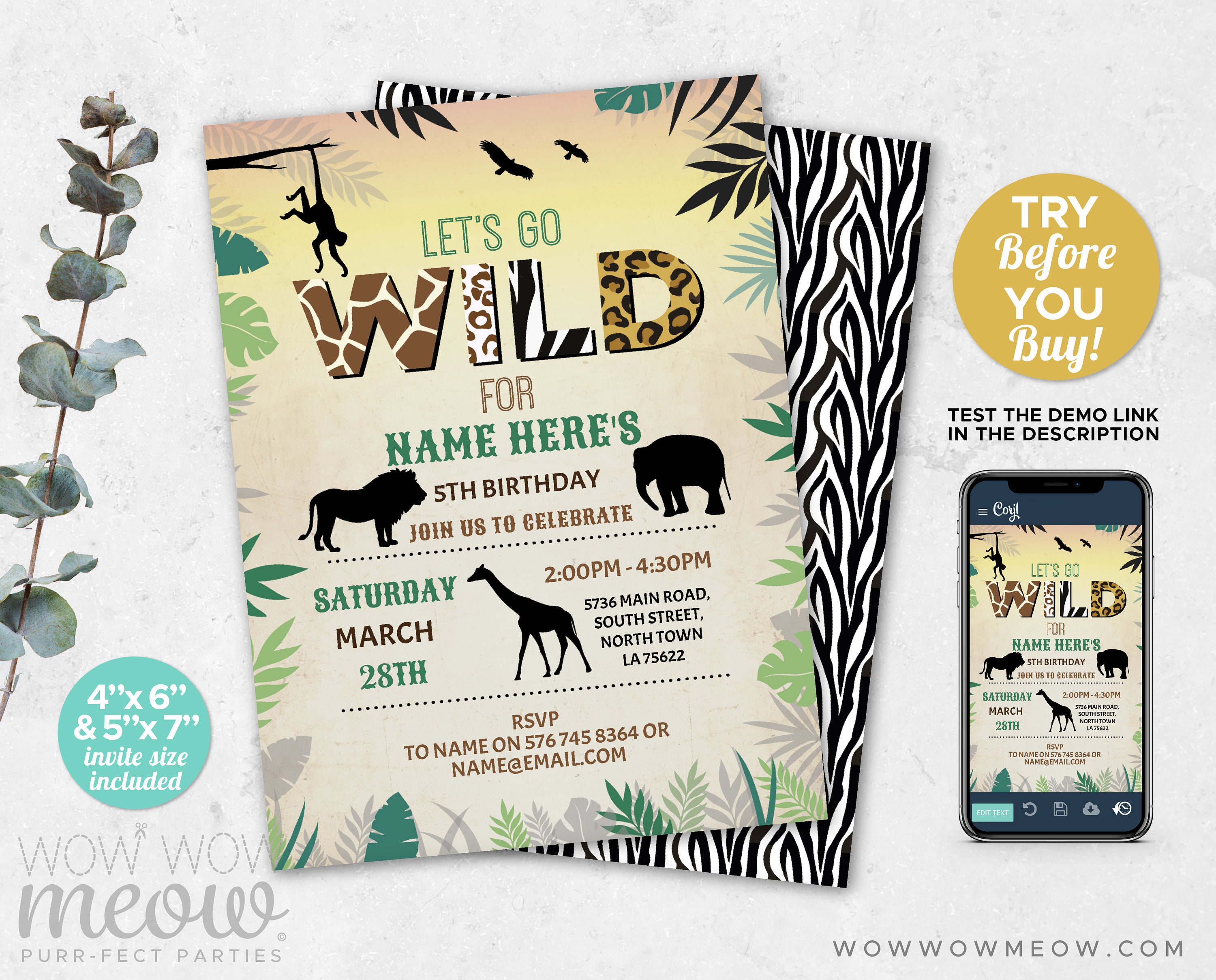 Go Wild Jungle Invitation Birthday Invite Safari Wild INSTANT DOWNLOAD ...