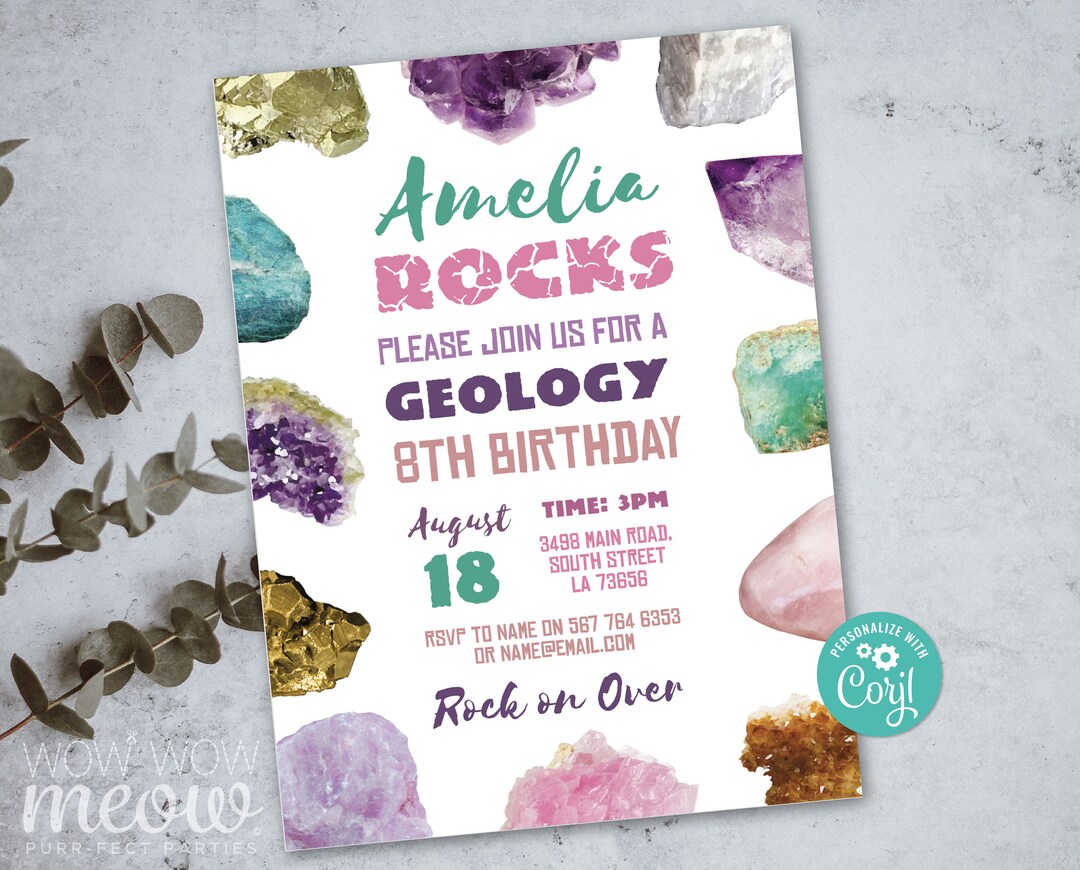 Geology Invitations Pink Rocks Birthday Invites Girls Party INSTANT ...