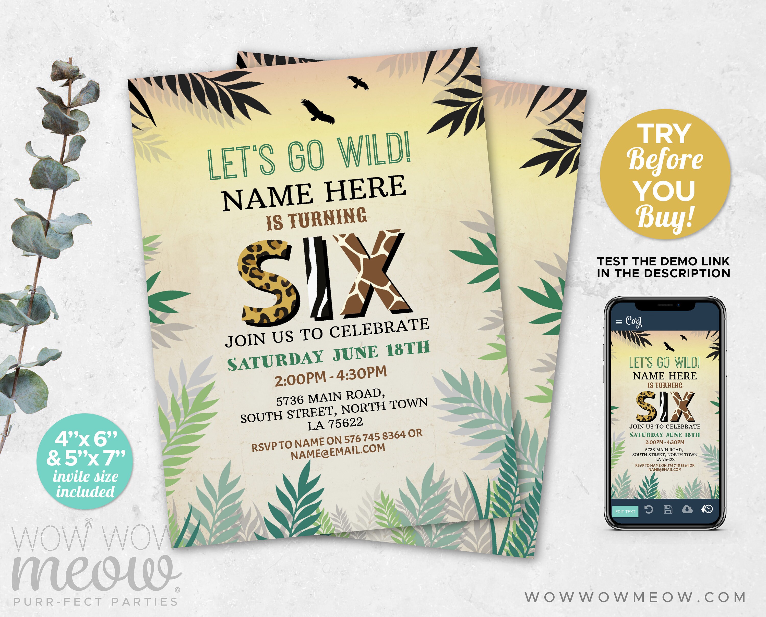 Six Jungle Invitation 6th Birthday Invite Safari Wild INSTANT - Etsy