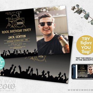 Rock Birthday Invitations N Roll Gold Party Invite Drum Kit INSTANT ...