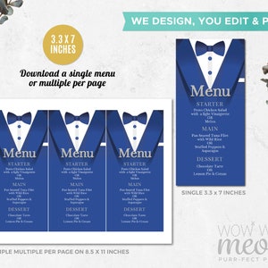 Tuxedo Royal Blue Menu Dinner Dark Blue Silver Template Package INSTANT ...