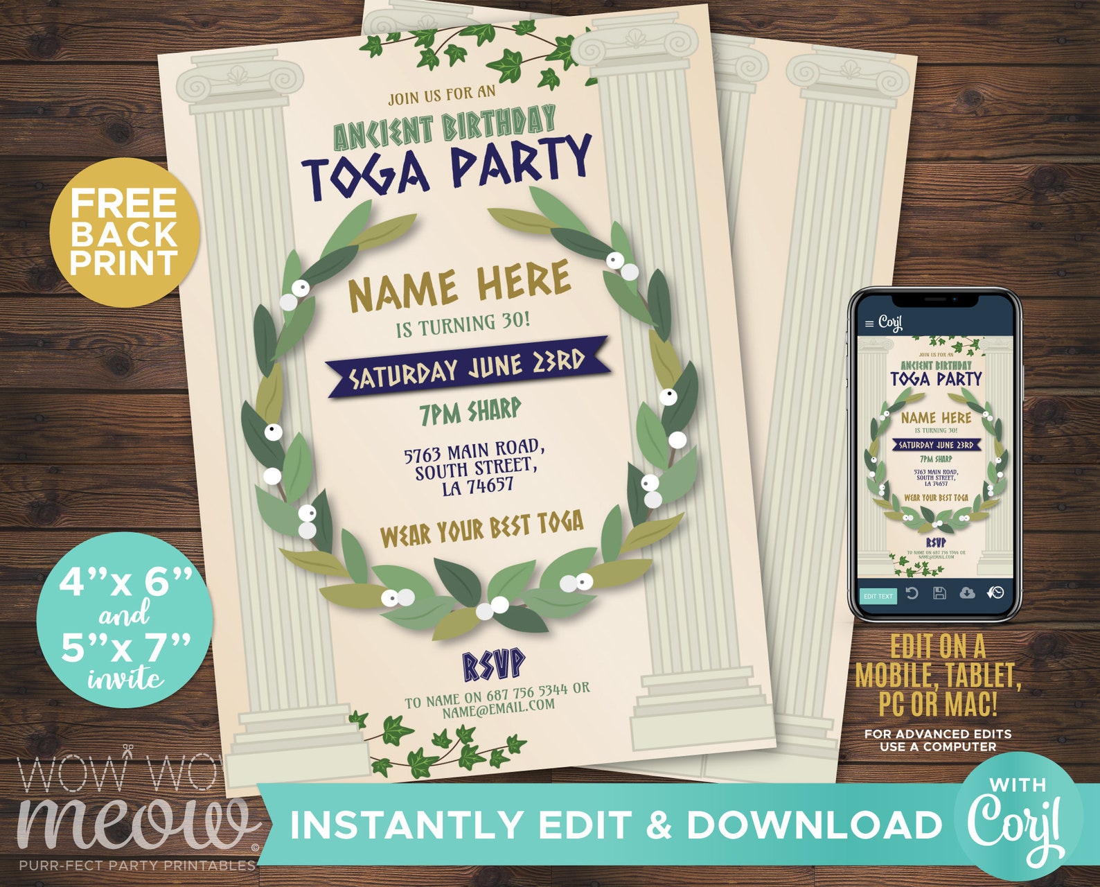 Toga Birthday Ancient Roman Invitation Invite Party INSTANT DOWNLOAD ...