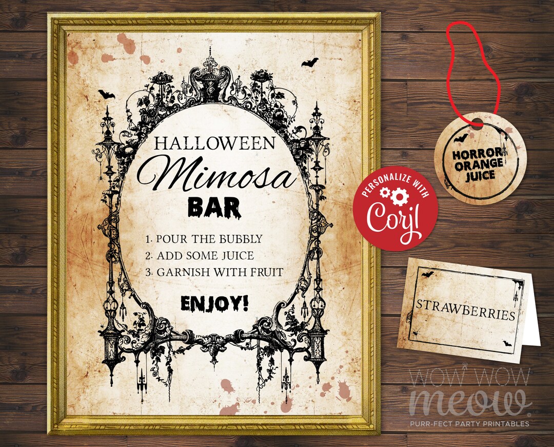 Halloween Bar Mimosa Sign Tags & Tents Signs Printable Bridal Party ...