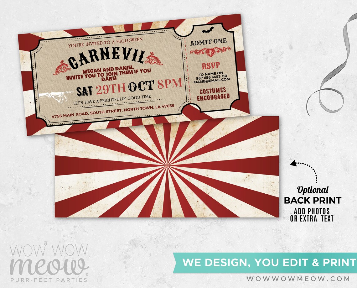 Carnevil Halloween Invitations Carnival Circus Tickets Horror Party ...