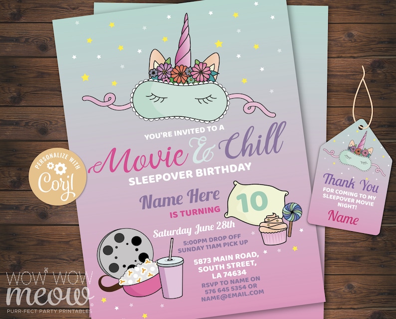 Girls Movie Night Invitation Sleepover Birthday Film Party | Etsy