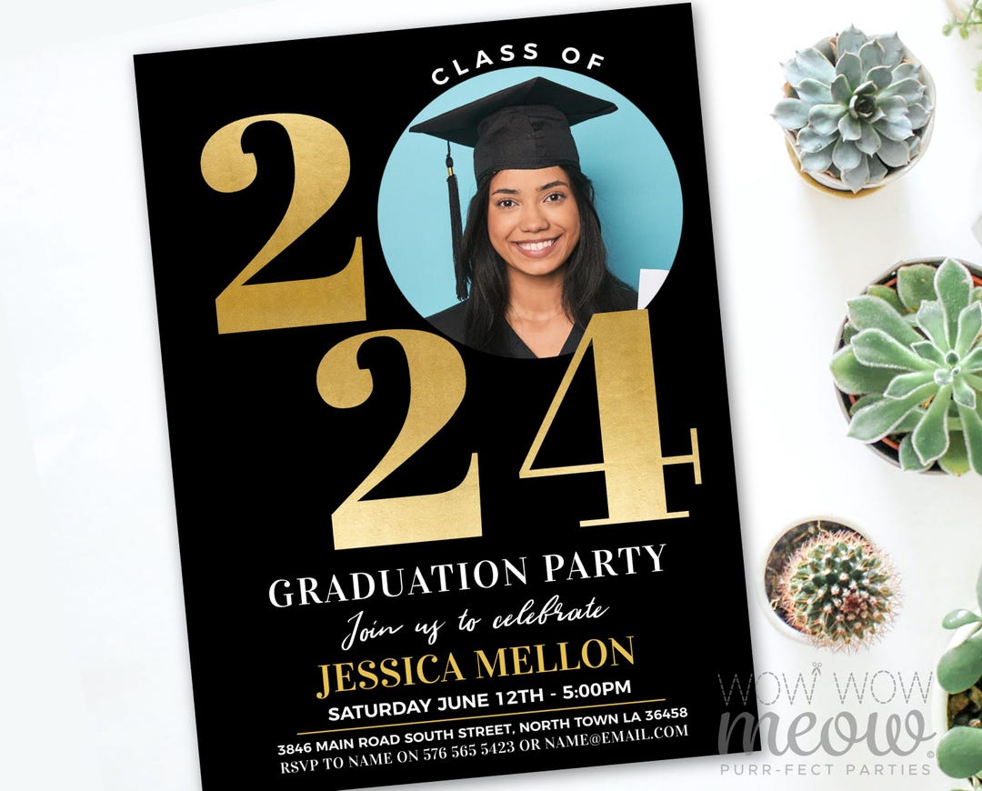 Graduation Invitation Party 2024 Photo Invite Gold Black Editable ...