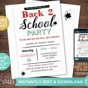 Back to School Party Invitations INSTANT DOWNLOAD Note New Term 2 ...