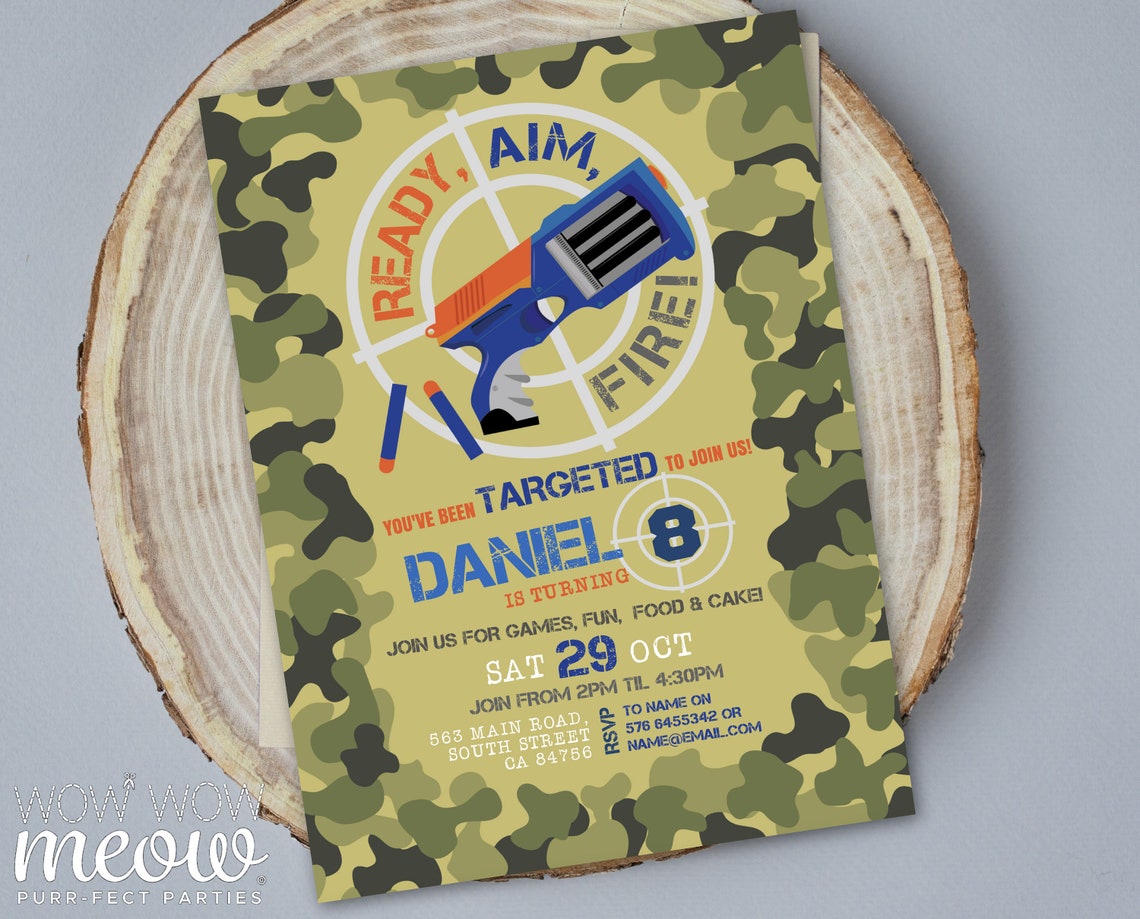 EDITABLE Dart Gun Birthday Invite Battle Camouflage Army Invitation ...