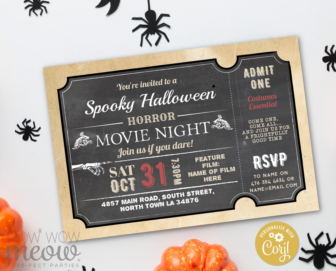 Halloween Invitations Movie Night Ticket Horror Film Party Printable ...