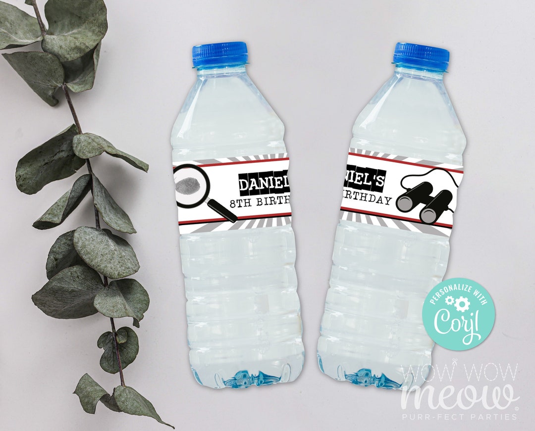Detective Water Bottle Labels Editable Birthday Party Spry Secret Agent ...
