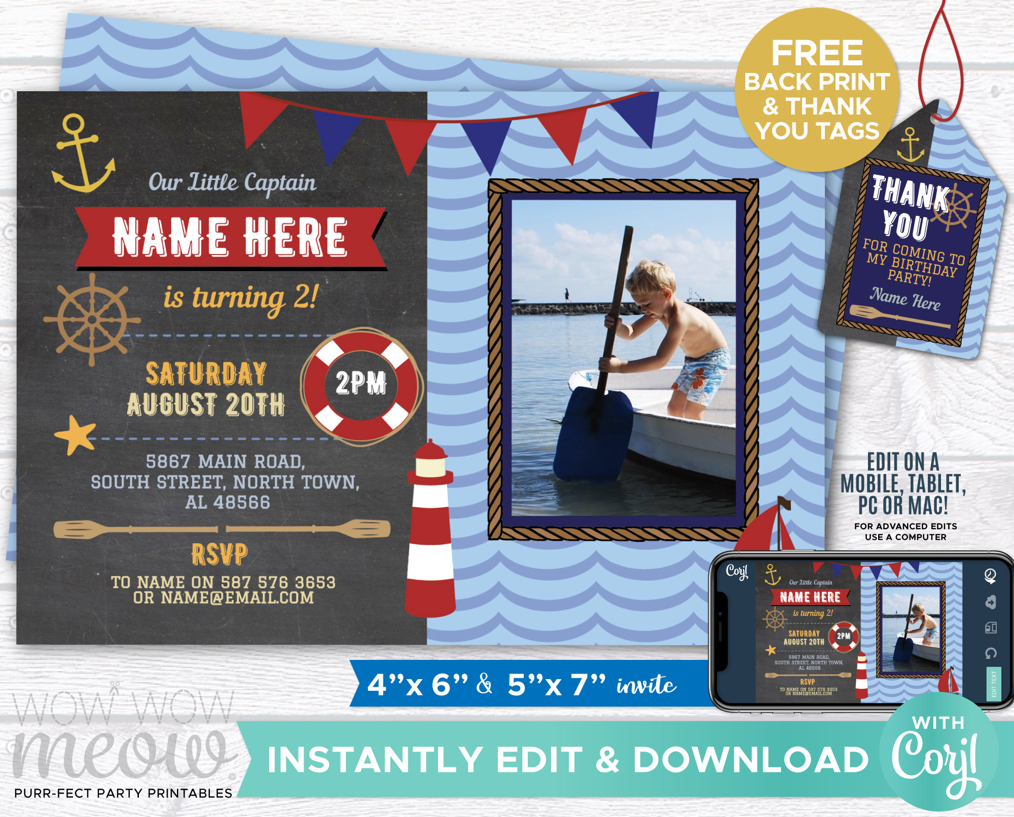 Nautical Birthday Invitations ANY age Captain Sailor Boats Sea | Etsy