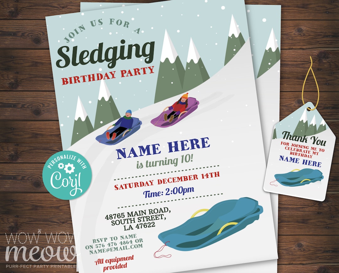 Sledging Invitation Birthday Party Sledge Winter Snow INSTANT DOWNLOAD ...