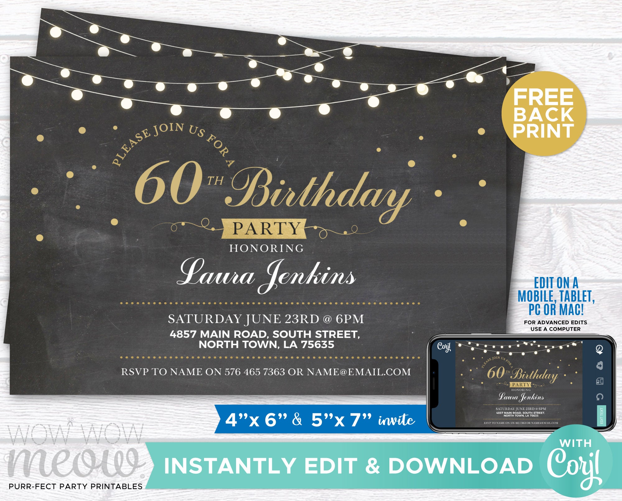 60th Birthday Invitation Elegant Party Sixty Invitation Chalk | Etsy