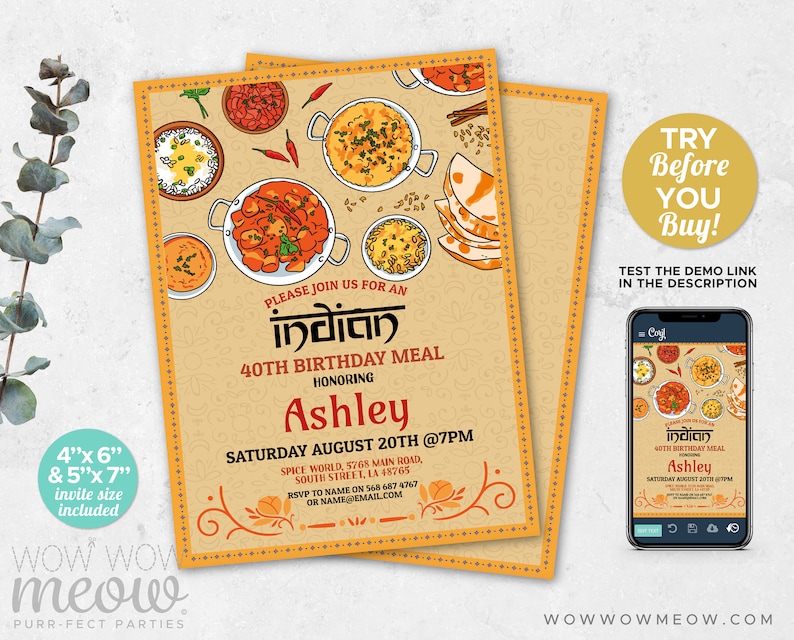 Indian Birthday Invitation Restaurant INSTANT DOWNLOAD Take Away - Any ...