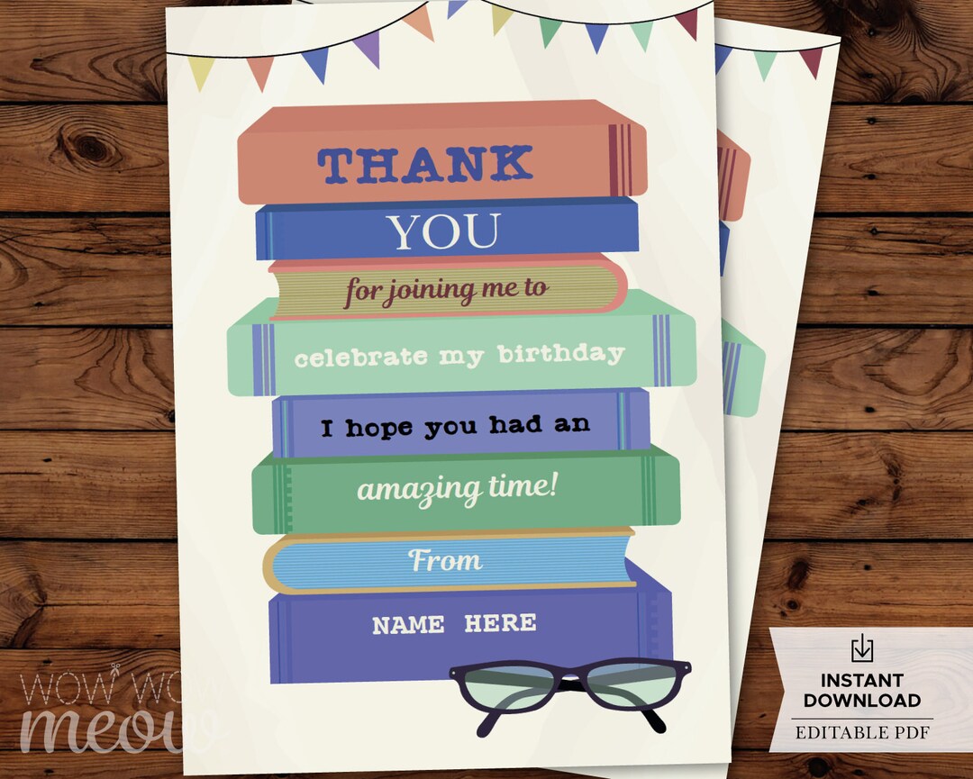 Thank You Cards Books Birthday Party INSTANT DOWNLOAD Any Age - Library ...
