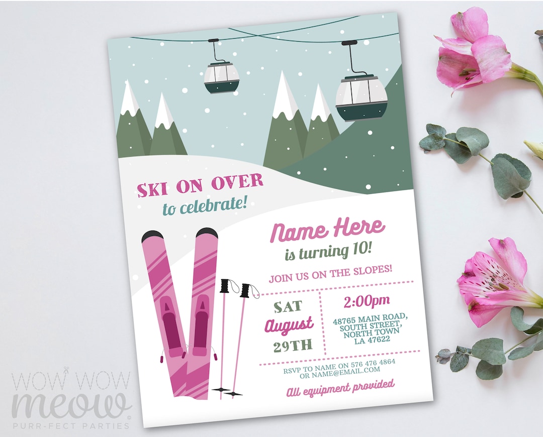 Ski Invitation Girls Pink Birthday Dry Slope Skiing Party INSTANT ...