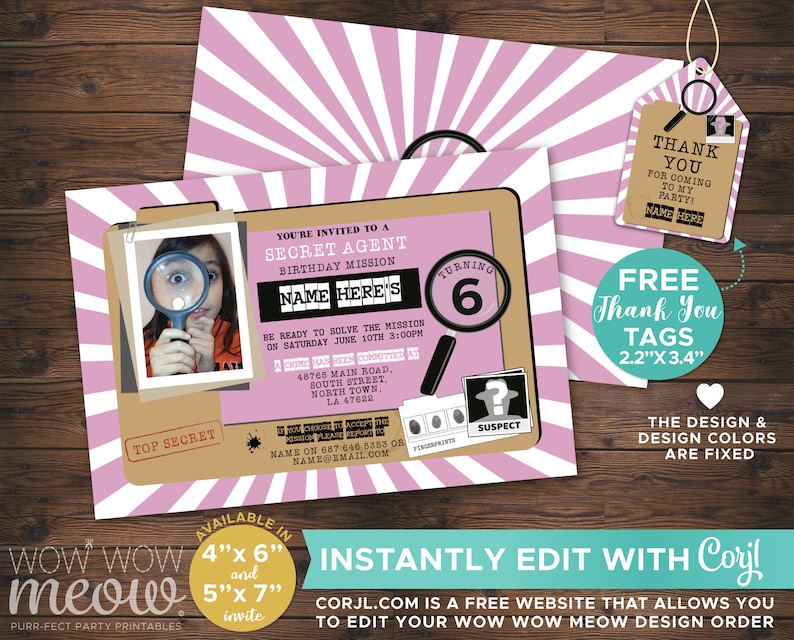 Secret Agent Party Invitations Pink Girls Spy Birthday Invites INSTANT ...