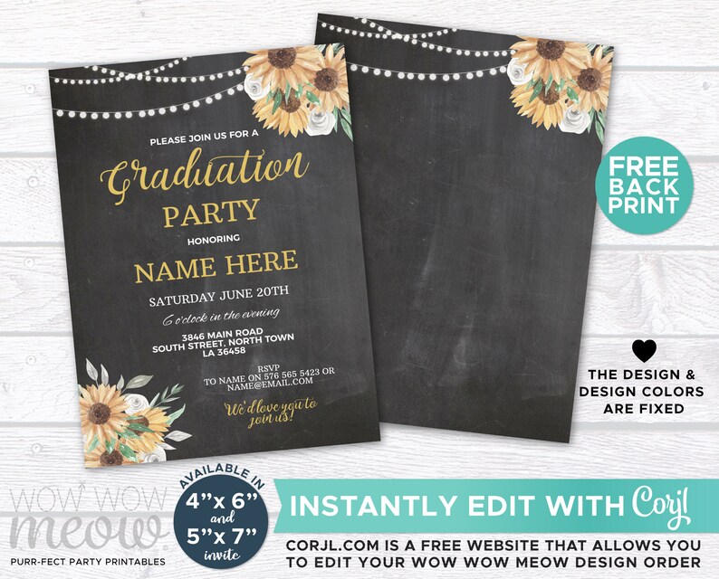 Sunflower Graduation Party Invitation INSTANT DOWNLOAD Chalk | Etsy