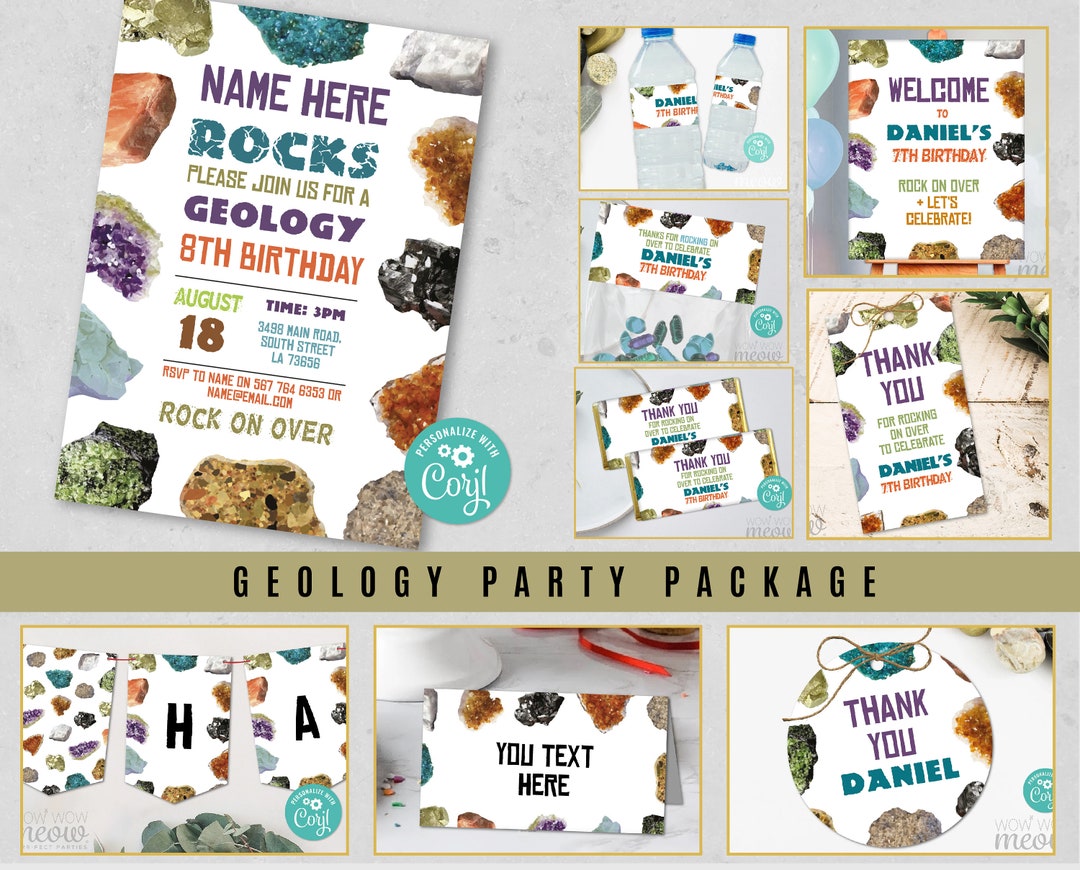 Gemstones Party Birthday Bundle EDITABLE Invitation Geode Rocks ...
