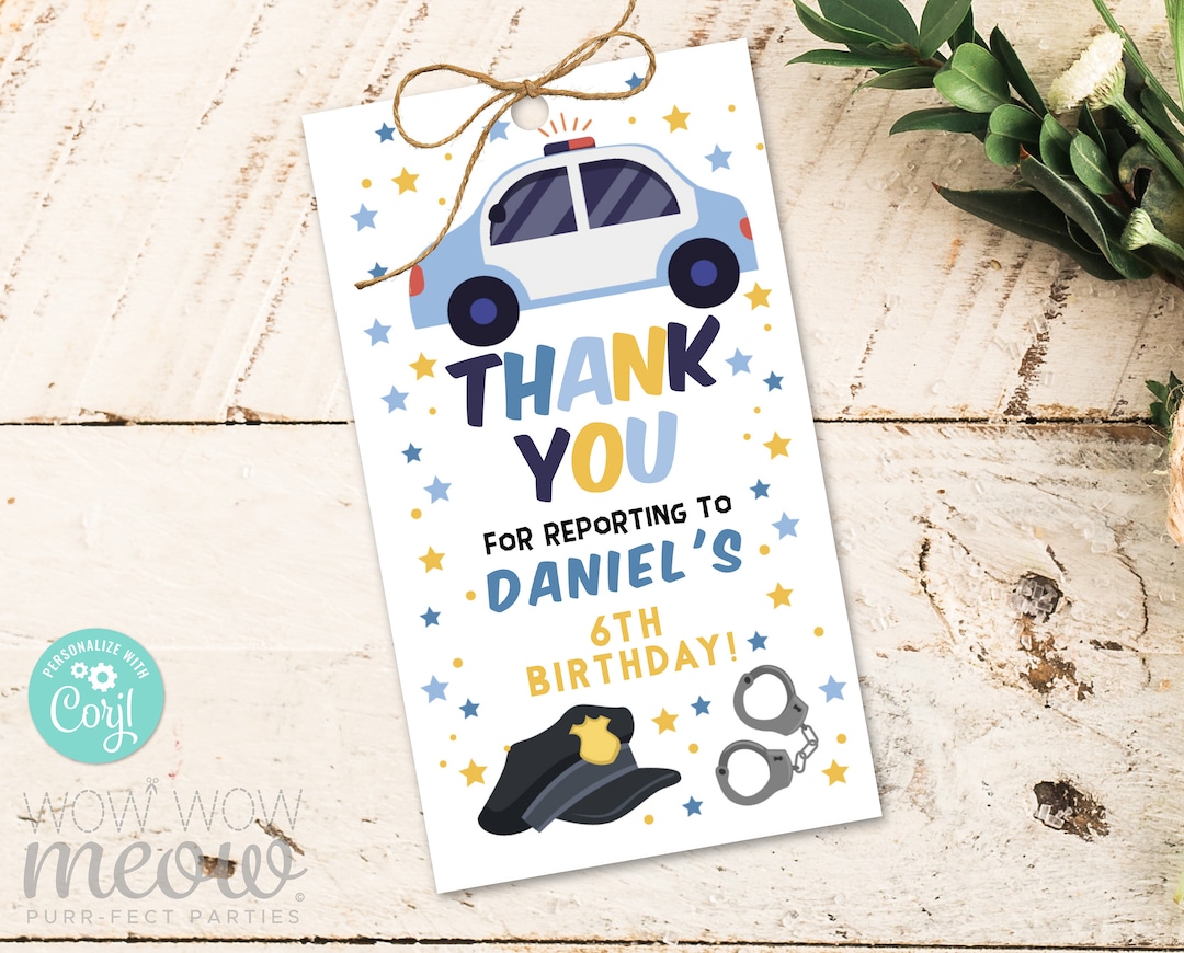 Police Car Thank You Tags Birthday Cop Vehicle - Party Gift Tags ...
